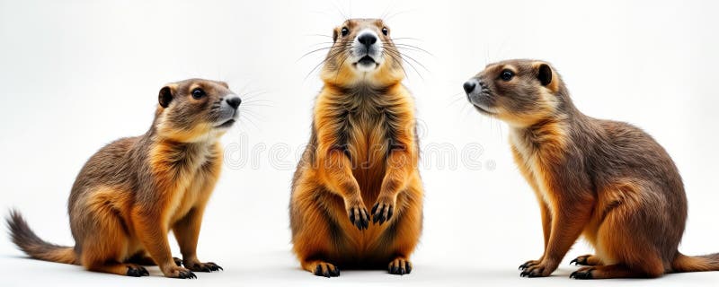 Three Marmots Posed on White Background. Two Marmots Standing Upright ...