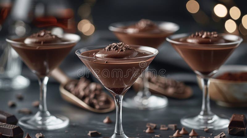 Three Martini Glasses Filled with Creamy Chocolate Pudding, Creating a ...