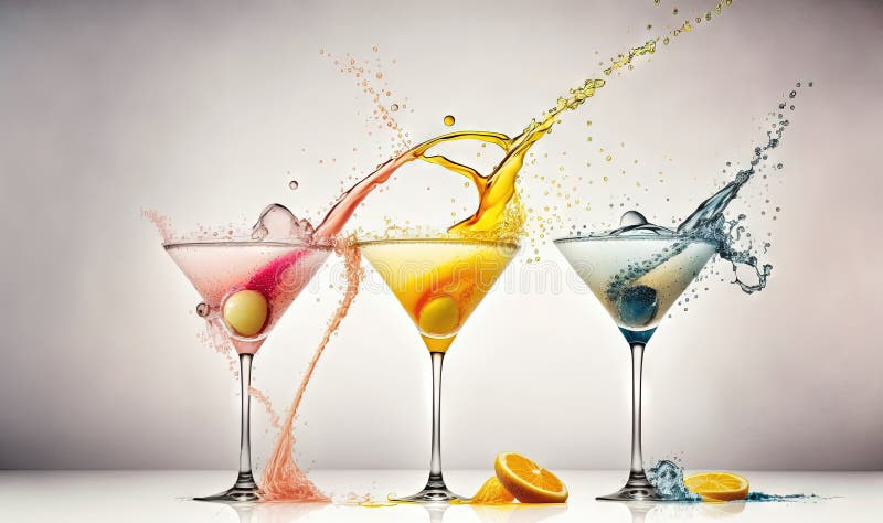 Three Martini Glasses Filled with Different Colored Drinks and ...