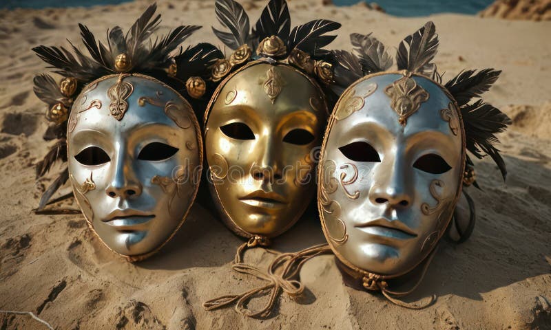 Three Masks are Placed on the Sand, Each with a Different Design. the ...
