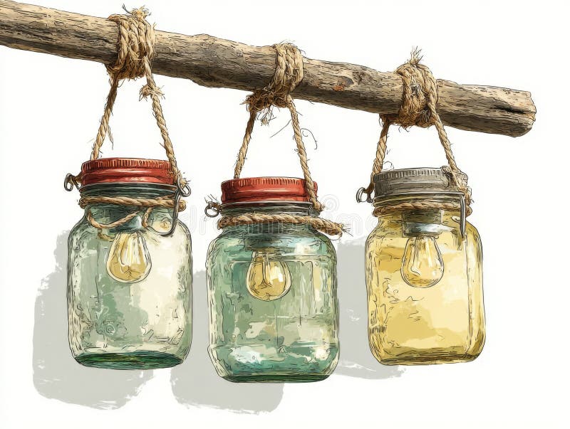 Three Mason Jar String Lights Hanging on Rustic Branch Stock ...