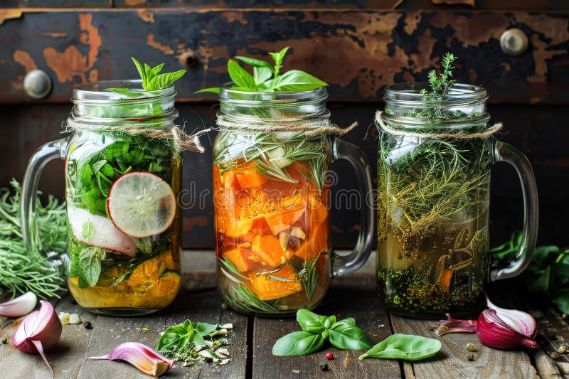 Three Mason Jars Filled with Different Types of Food and Herbs Stock ...