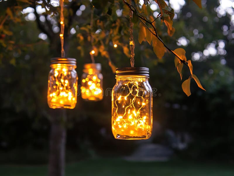 Three Mason Jars Hanging from a Tree with Lights Inside Picture Stock ...