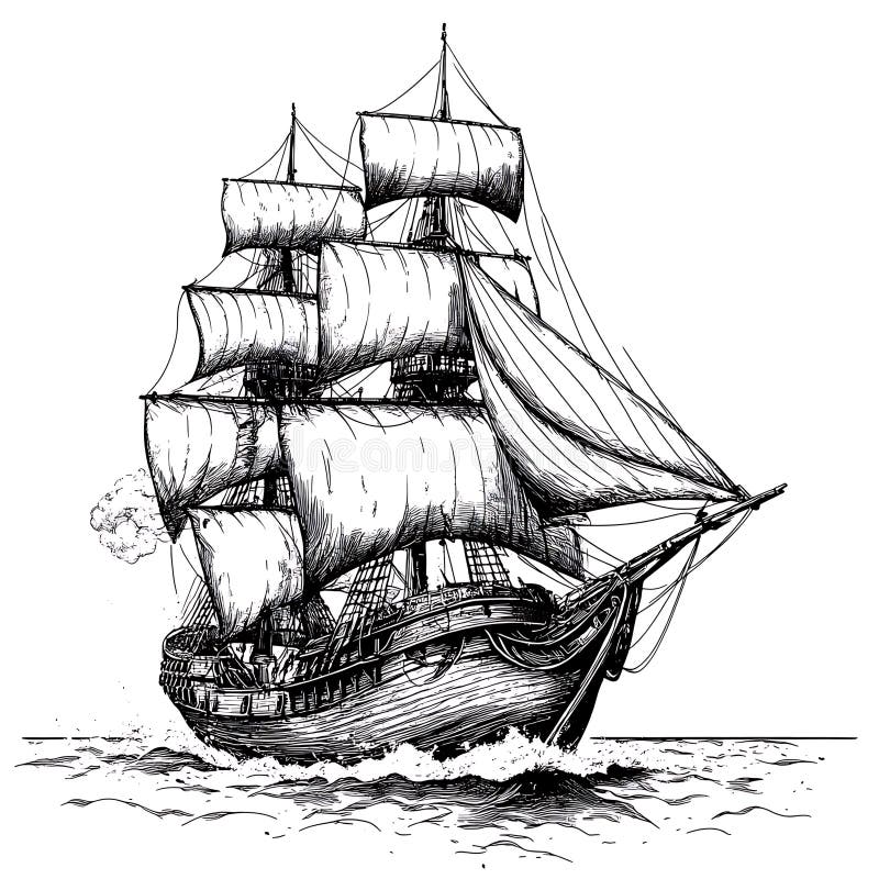 A Three Masted Sailing Ship with Billowing Sails on the Water Stock ...