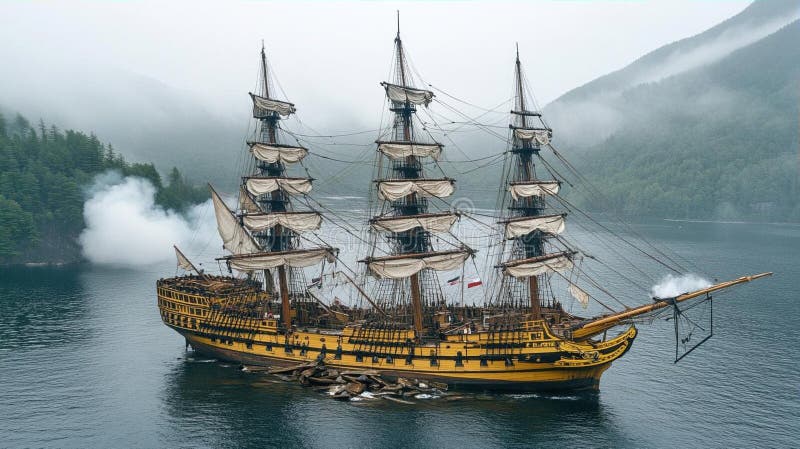 Three Masted Sailing Ship on Misty Ocean Near Mountains Stock Image ...
