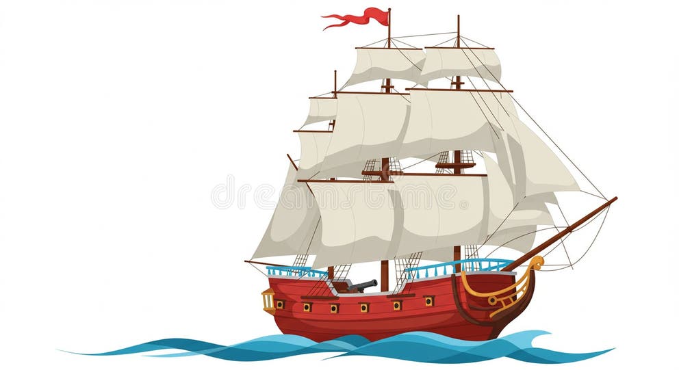 A Three-masted Sailing Ship with a Red Hull and Multiple White Sails ...