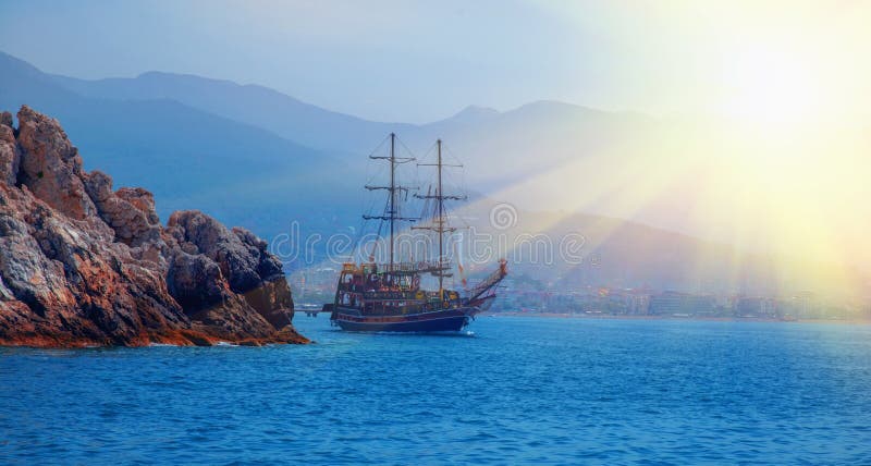 Three-masted Vintage Ship in the Mediterranean Sea Stock Image - Image ...