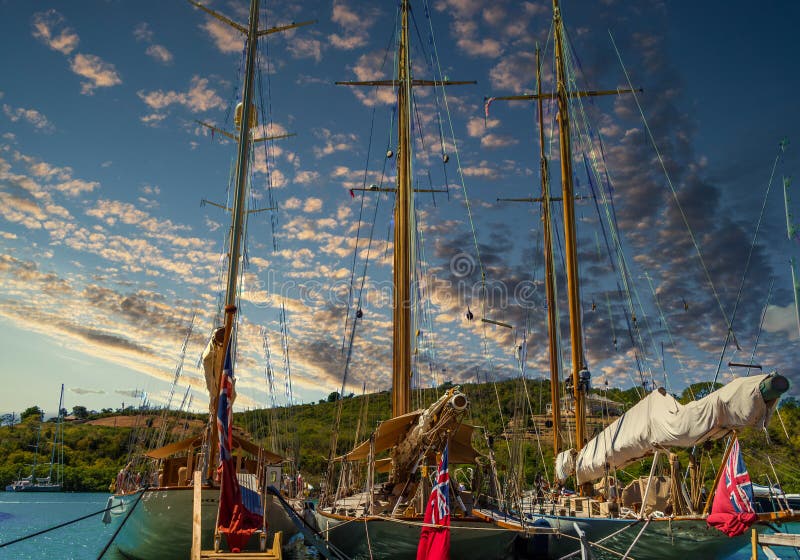 Three Masts on Sunset Sky stock image. Image of inlet - 190830997