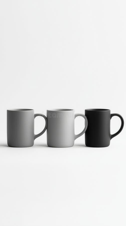 Three Matching Ceramic Coffee Cups Placed in a Row on White Surface ...