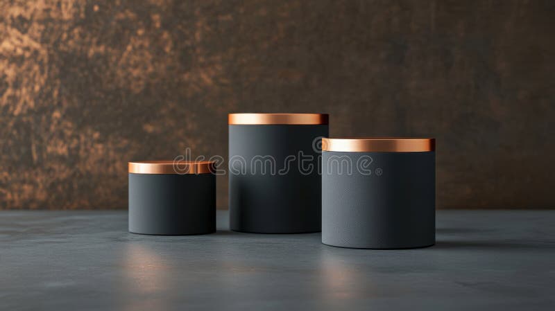 Three Matte Black Cylindrical Containers with Copper Lids on Table ...