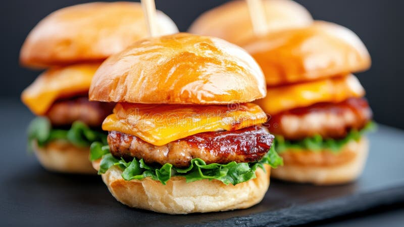Three Meat and Cheese Sandwiches Arranged on a Black Plate. Stock Image ...