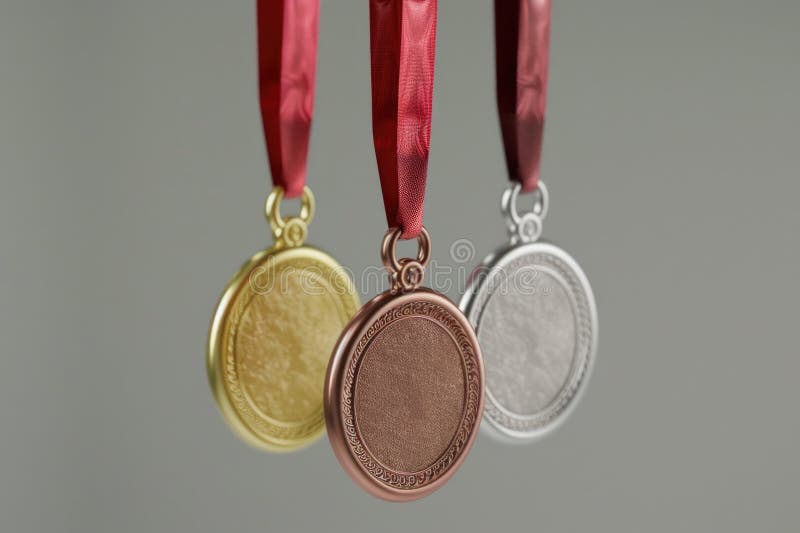 Three Medals Hanging from a Red Ribbon Stock Image - Image of third ...