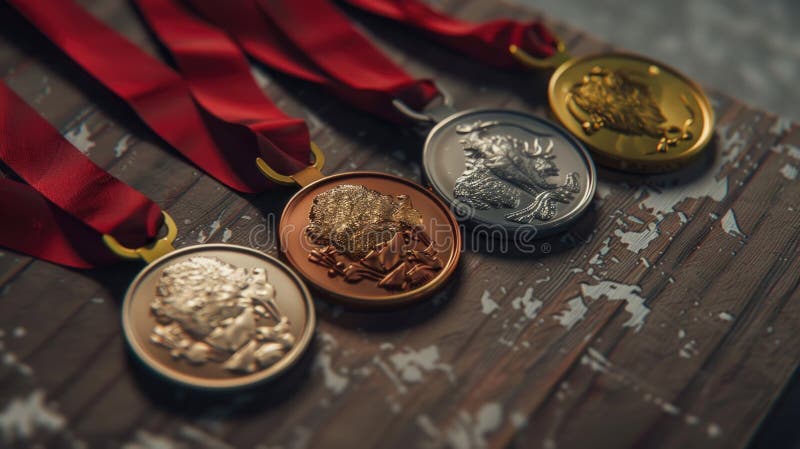 Three Medals Sit on Top of a Wooden Table Stock Photo - Image of event ...