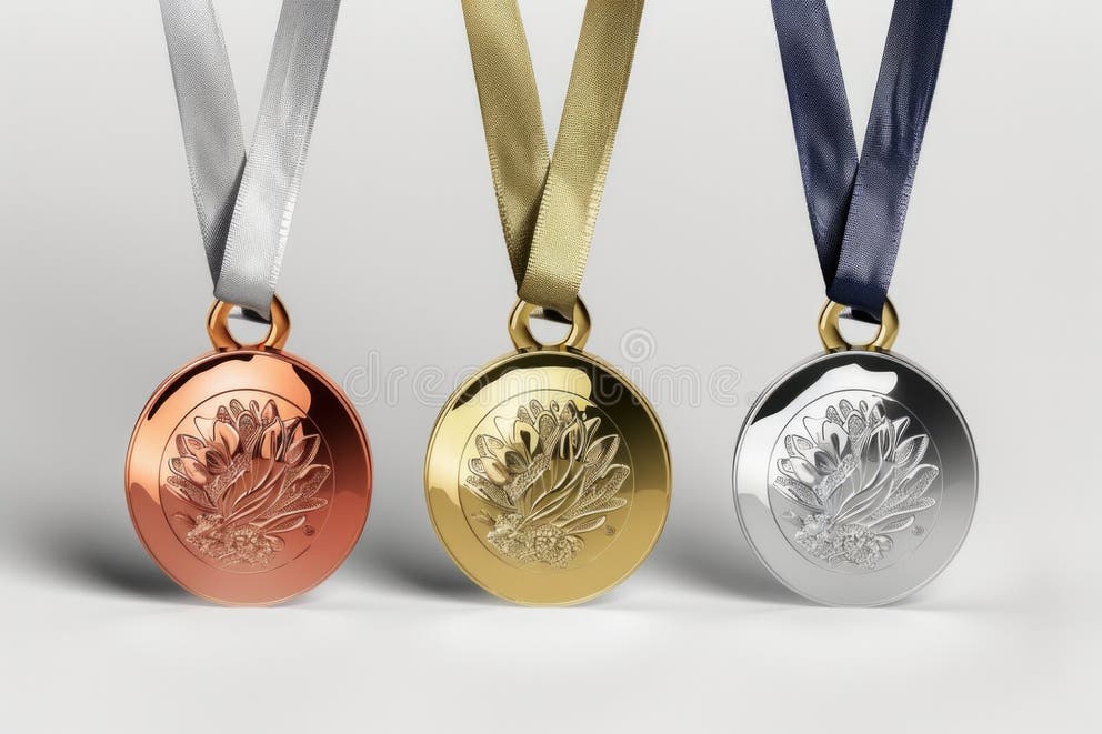 Three Medals on a Table or Shelf, Each with a Different Colored Ribbon ...