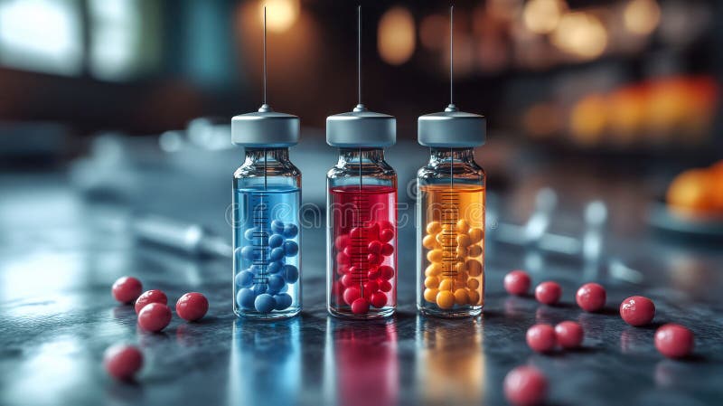 Three Medical Vials with Colored Liquids and Tiny Capsules Inside ...
