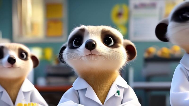 Three Meerkats in Lab Coats Standing in Bright Science Laboratory ...
