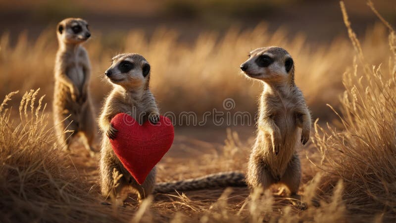 Adorable Meerkat Couple Holding a Red Heart in Golden Grassland Stock ...