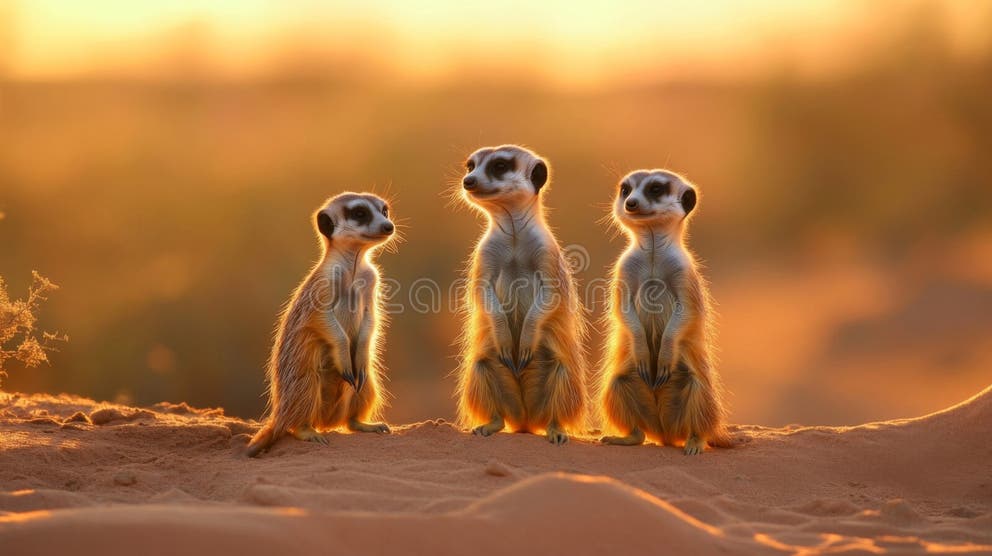 Three Meerkats at Sunset in African Desert Stock Illustration ...