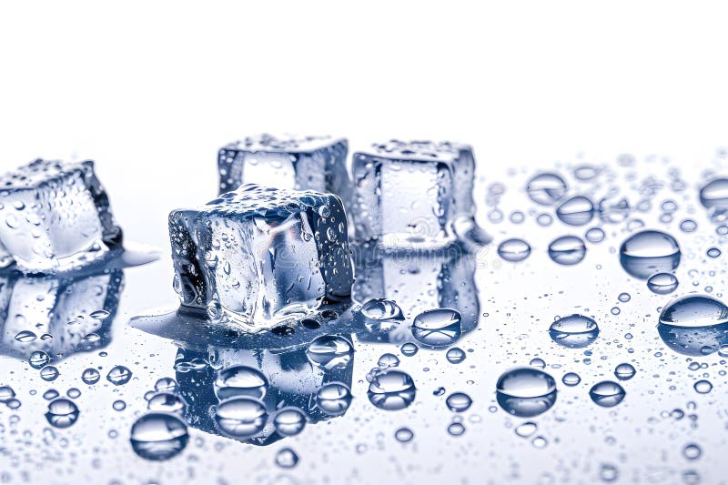 Three Melting Ice Cubes on a Glass Table with a White Background Stock ...