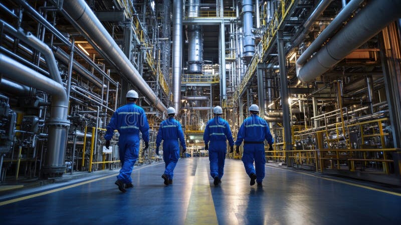 Three Men in Blue Work Suits Walking Down a Hallway Stock Illustration ...