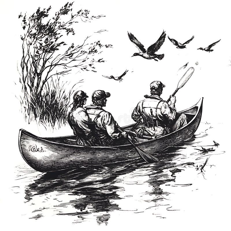 Three Men Canoeing on a River, Birds Flying Overhead Stock Illustration ...