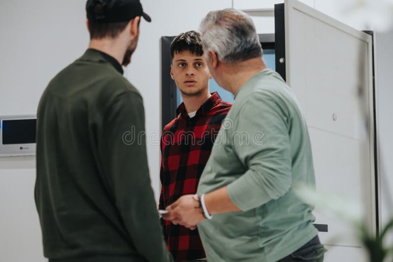 Three Men in Casual Clothing in an Intense Discussion in a Modern ...