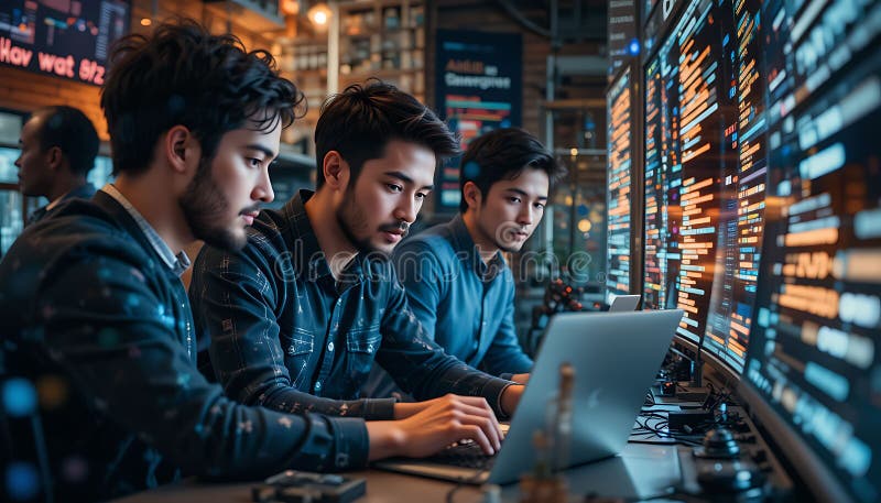 Three Men Coding On Laptops In Front Of Multiple Screens Displaying