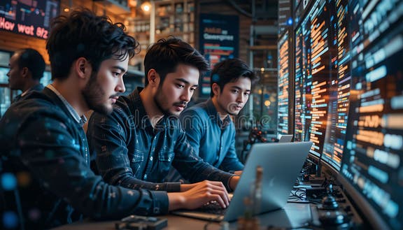 Three Men Coding on Laptops in Front of Multiple Screens Displaying Complex Code and Data ...