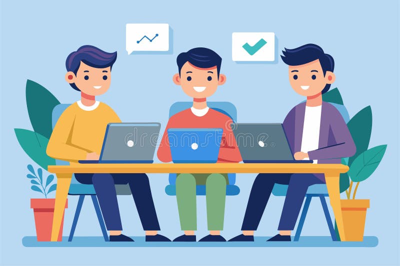 Three Men Collaborate at a Table with Laptops in a Vibrant Workspace, Sharing Ideas and Insights ...