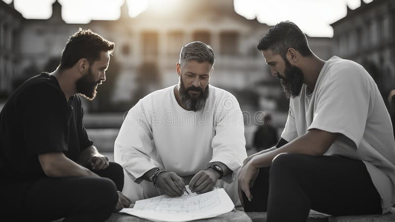 Three Men Collaborating on a Project while Discussing Plans in a Lively ...