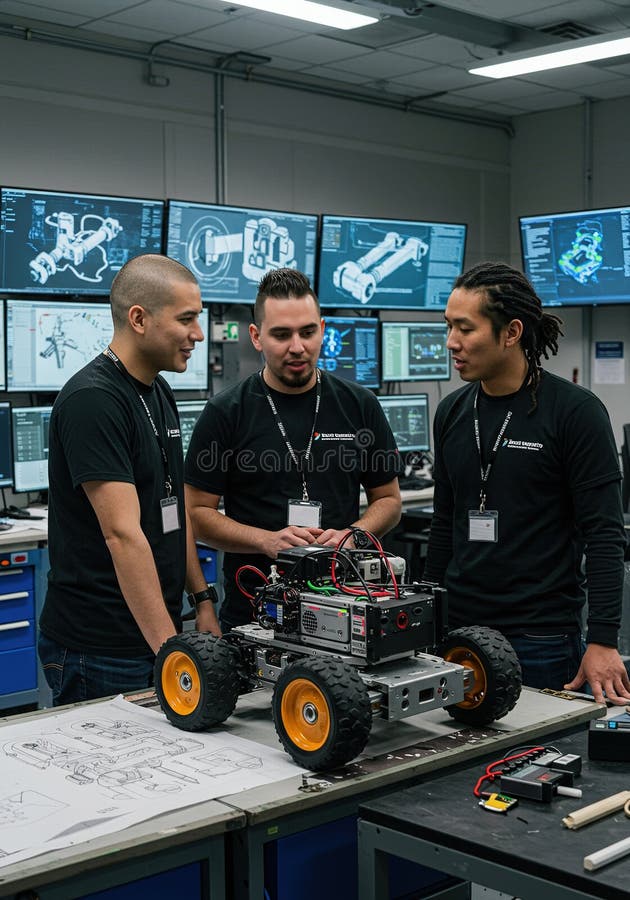 Three Men Discuss a Wheeled Device in a Workshop or Lab Setting. Stock ...