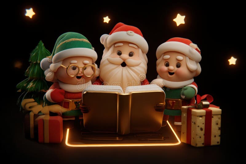 Three Men Dressed As Santa Claus Sitting on a Bench Reading a Book ...