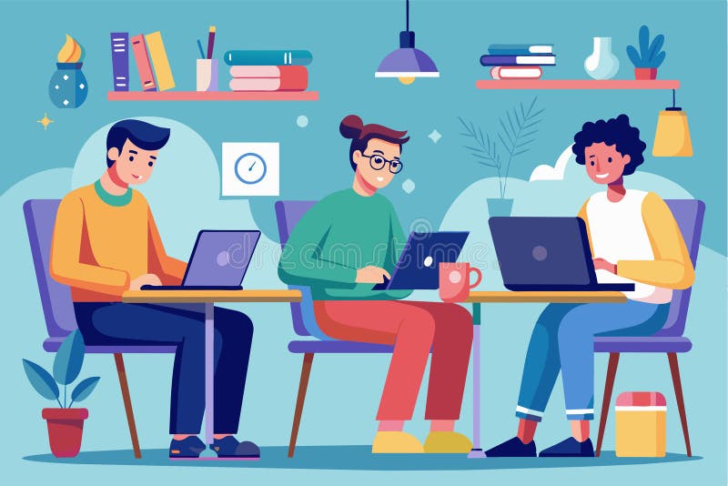 Three Men Focus on Their Assignments with Laptops in a Bright and ...