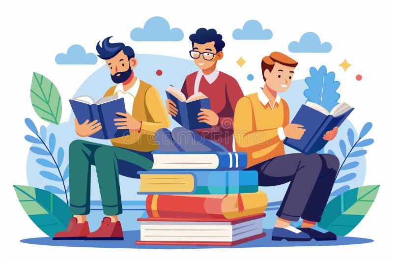 Three Men Focus on Their Studies, Reading Books while Surrounded by ...