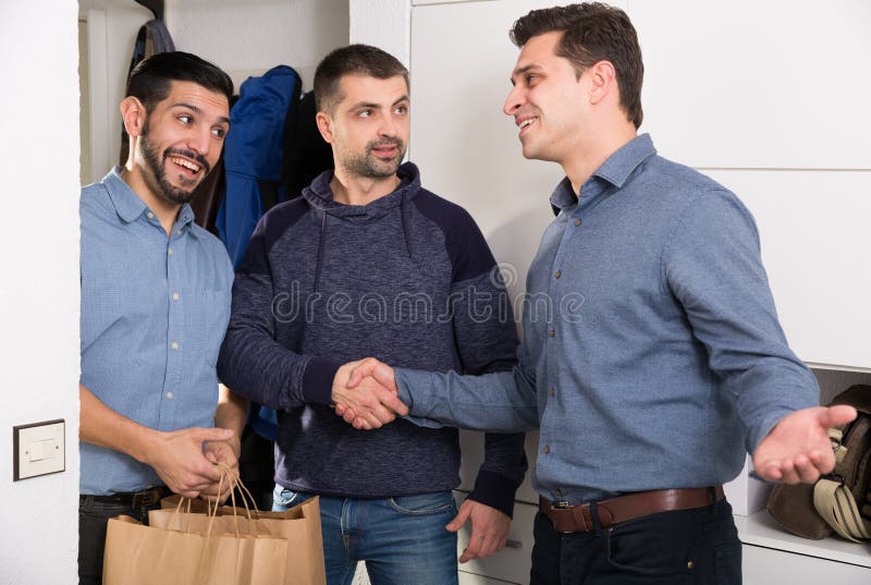 Three Men Getting for Bachelor Gatherings at Home Stock Image - Image ...