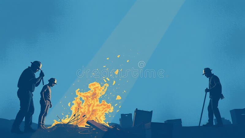 Three Men in Hard Hats Stand in Front of a Bright Fire Stock ...