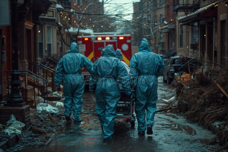 Three Men in Hazmat Suits Pull a Cart Amidst a Devastated City after a ...