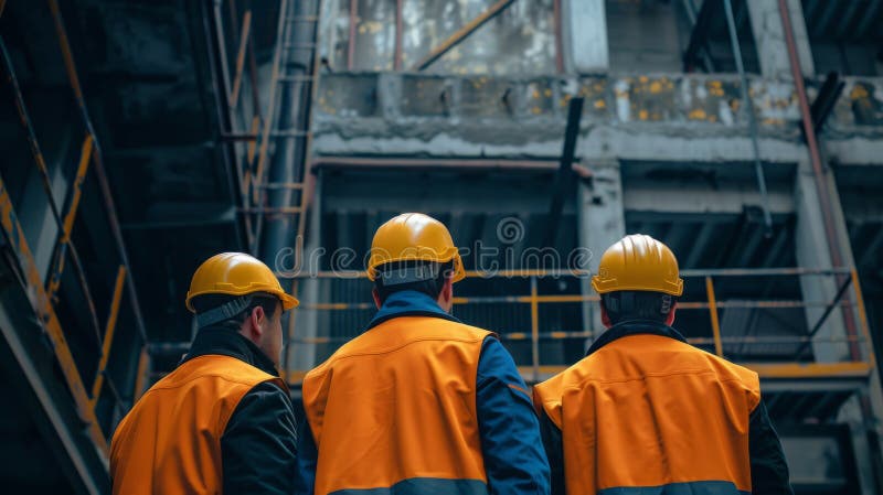 Three Men in Safety Vests Standing in Front of a Building Stock Image ...