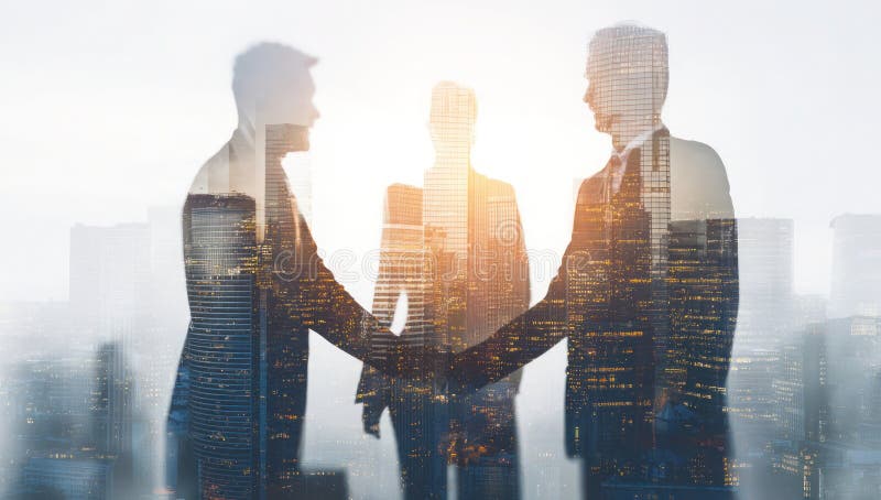 Three Men are Shaking Hands in a Cityscape Stock Illustration ...