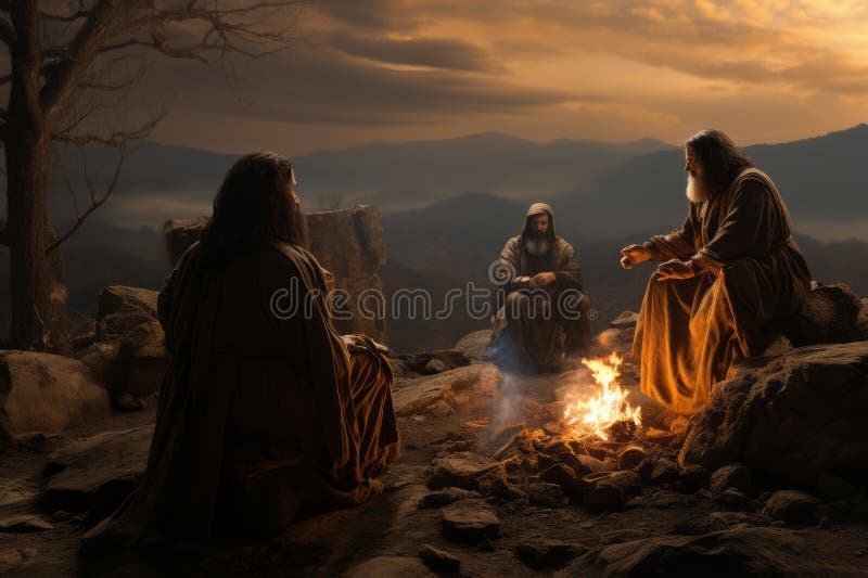 Three Men Sitting Around a Campfire with Mountains in the Background ...