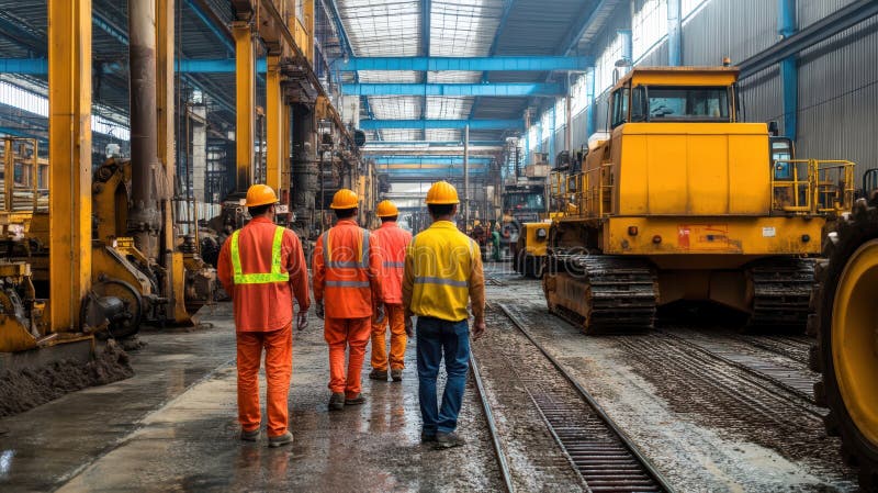 Three Men are Walking through a Warehouse, Navigating Around a Large ...
