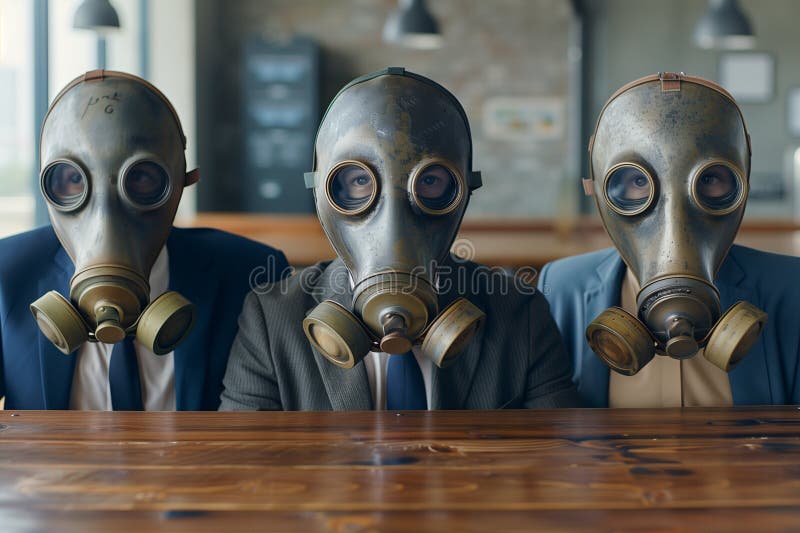 Three Men Wearing Gas Masks Sit at a Table in a Modern Office Stock ...