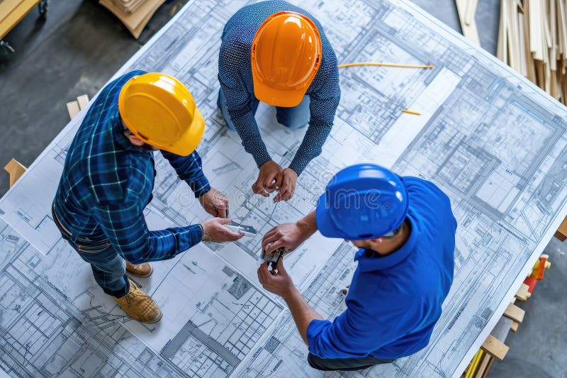 Three Men, Wearing Hard Hats and Holding Blueprints, Collaborate on a ...
