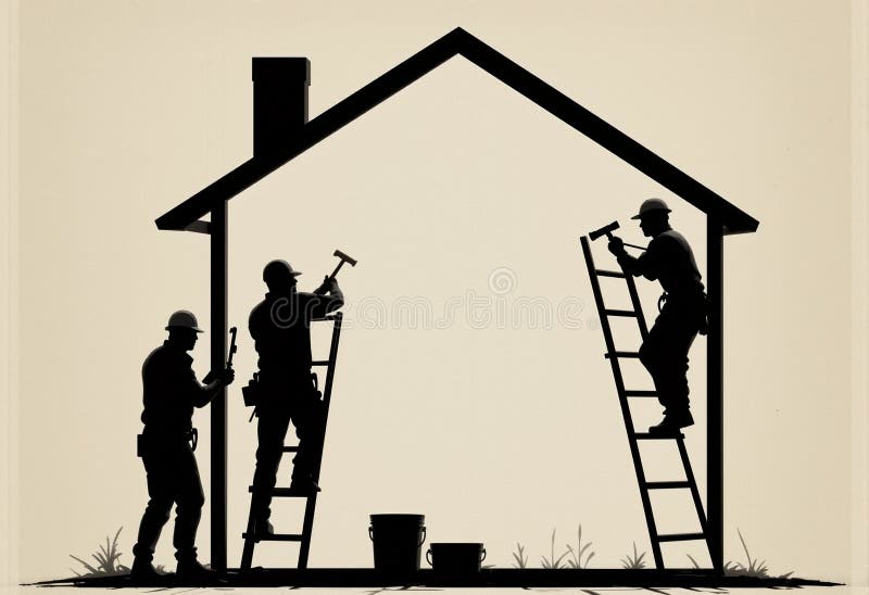 Three Men are Working on a House, with One Man on a Ladder Stock ...