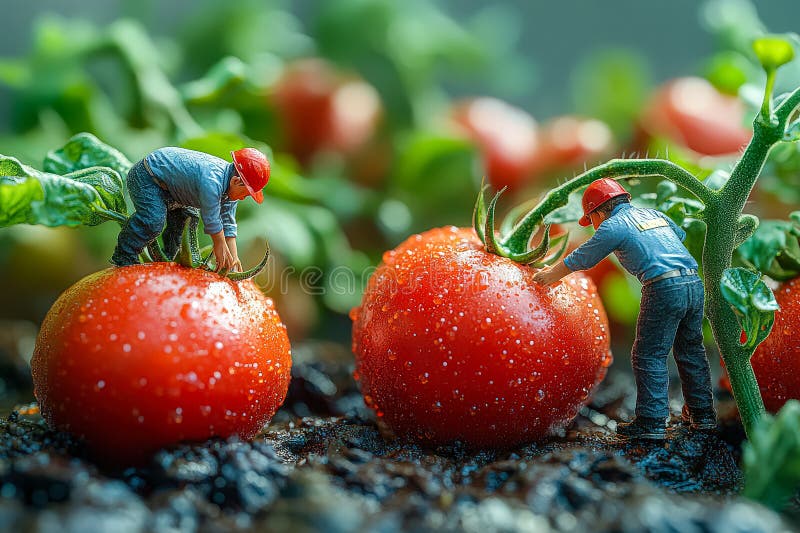 Three Men are Working on a Tomato, One of Them is Wearing a Hard Hat ...
