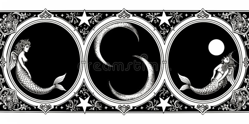 Three Mermaids in Oval Frames with a Full Moon in the Background Stock ...