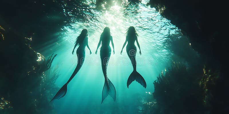 Three Mermaids Silhouetted Underwater Mystical Ocean Scene Stock ...