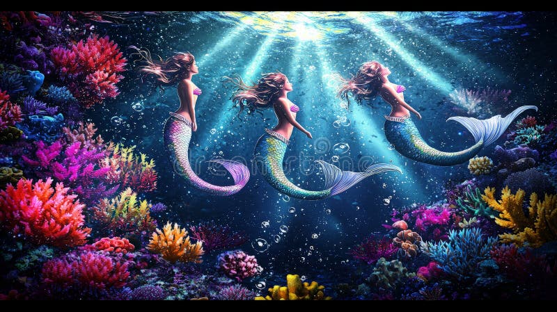 Three Mermaids Swim in a Vibrant Coral Reef with Sunlight Shining Down ...