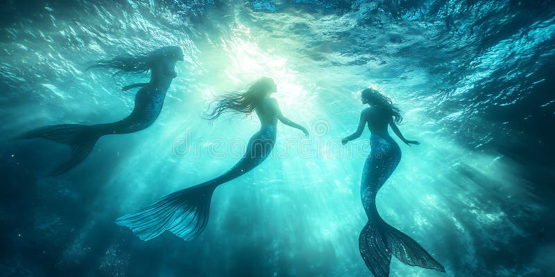 Three Mermaids Underwater Scene Fantasy Art Stock Illustration ...