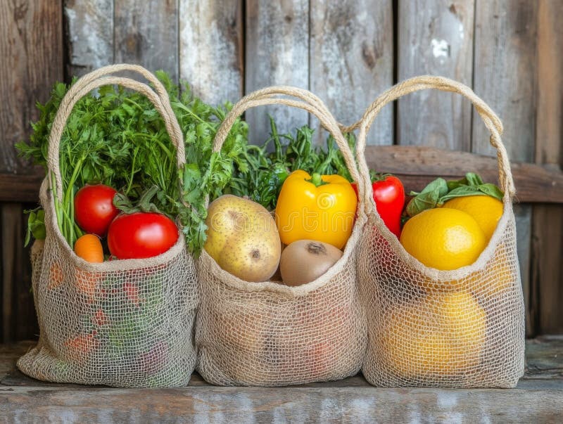 Three Mesh Bags Filled with Fresh Produce Stock Illustration ...